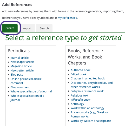 How do I create a new reference?