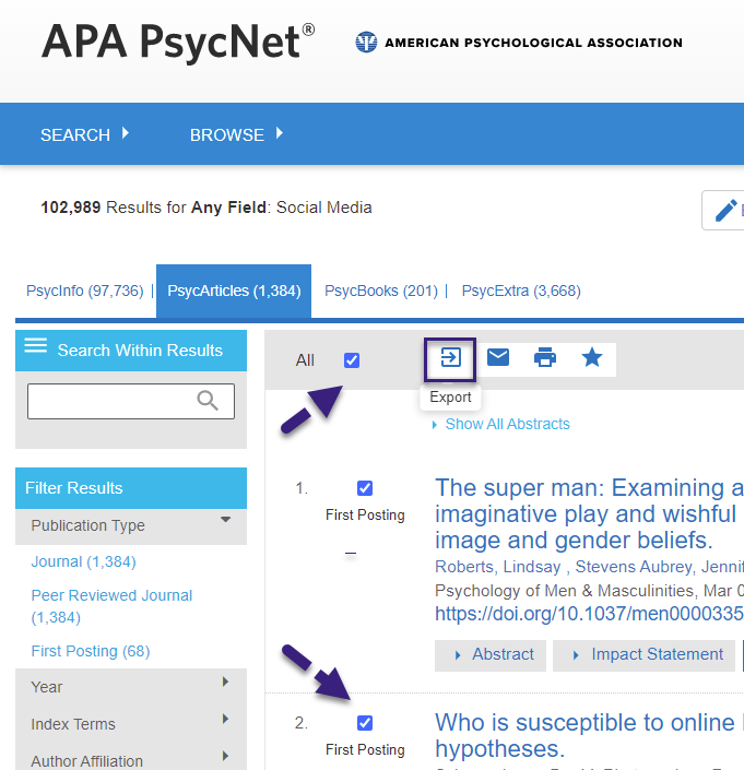 I need help exporting references from APA PsycNet