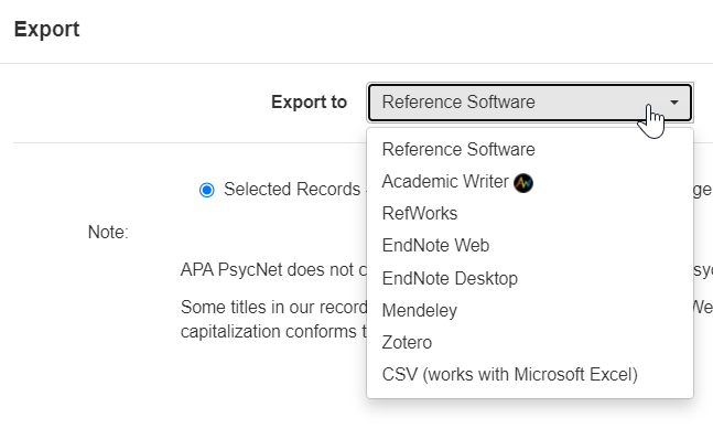 I need help exporting references from APA PsycNet